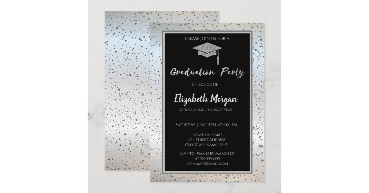 Chic Silver Glitter Graduation Cap,Confetti Invitation | Zazzle
