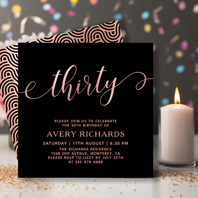 Chic Thirty Script Rose Gold Black 30th Birthday Invitation | Zazzle