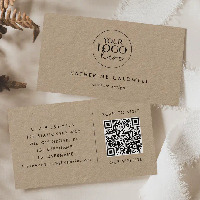 Chic Typography Kraft Paper Logo and QR Code Business Card | Zazzle
