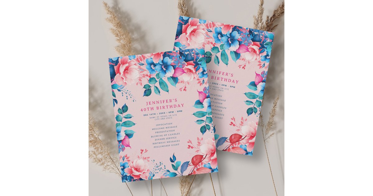 Chic Watercolor Floral 40th Birthday Program Blush Invitation | Zazzle