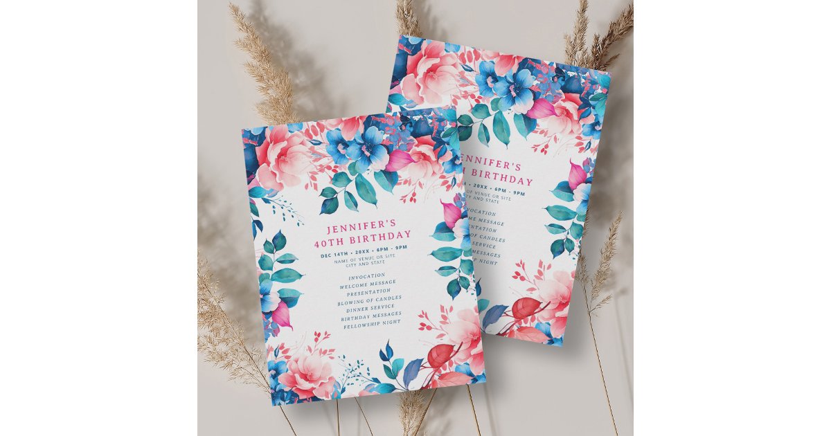 Chic Watercolor Floral 40th Birthday Program Invitation | Zazzle