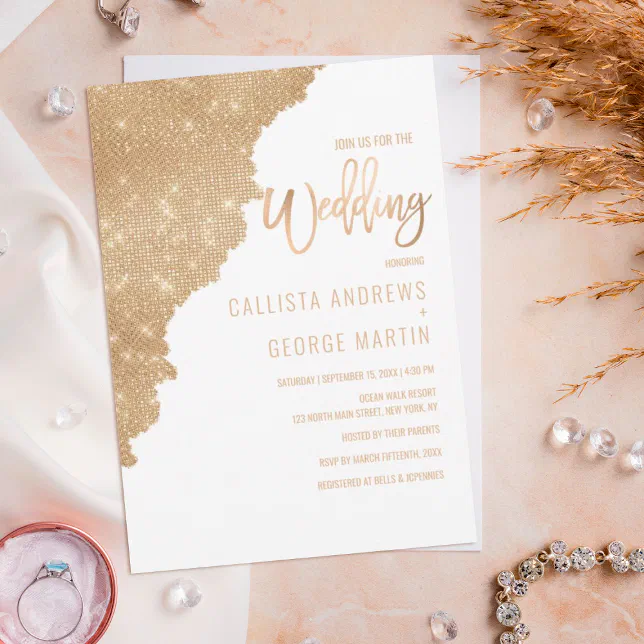 Chic White Gold Glitter Colour Block Wedding Invitation | Zazzle