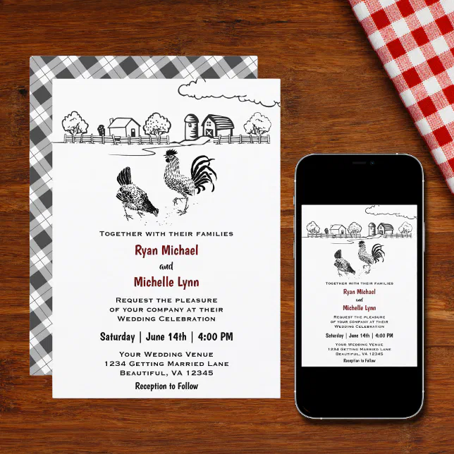 Chickens Rooster and Hen Chicken Farm Wedding Invitation | Zazzle