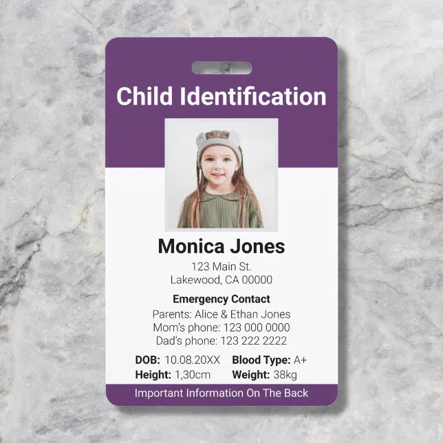 Child Identification Photo Purple ID Badge | Zazzle
