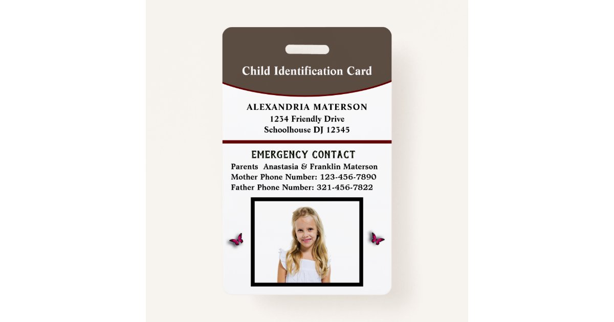 Child Kid ID Identification Emergency Card ID Badge | Zazzle