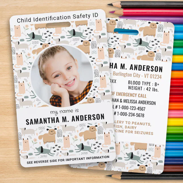 Child Photo Identification Safety Dog Pattern Kids ID Badge | Zazzle
