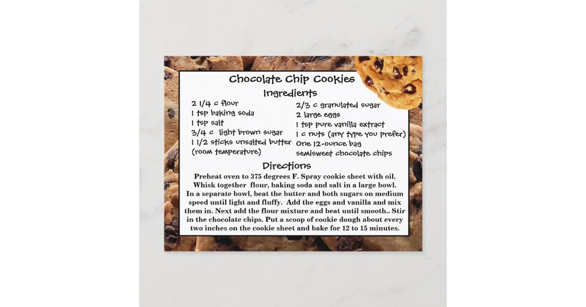 Chocolate Chip Cookies Recipe Card Postcard | Zazzle