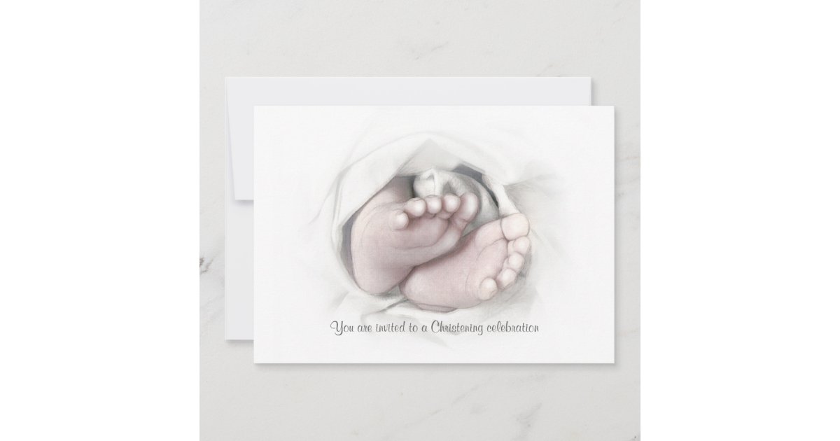 Christening invitation baby feet pencil sketch | Zazzle