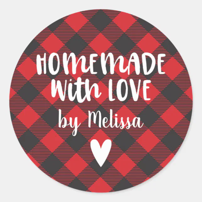 Christmas Buffalo Plaid Homemade With Love Classic Round Sticker | Zazzle