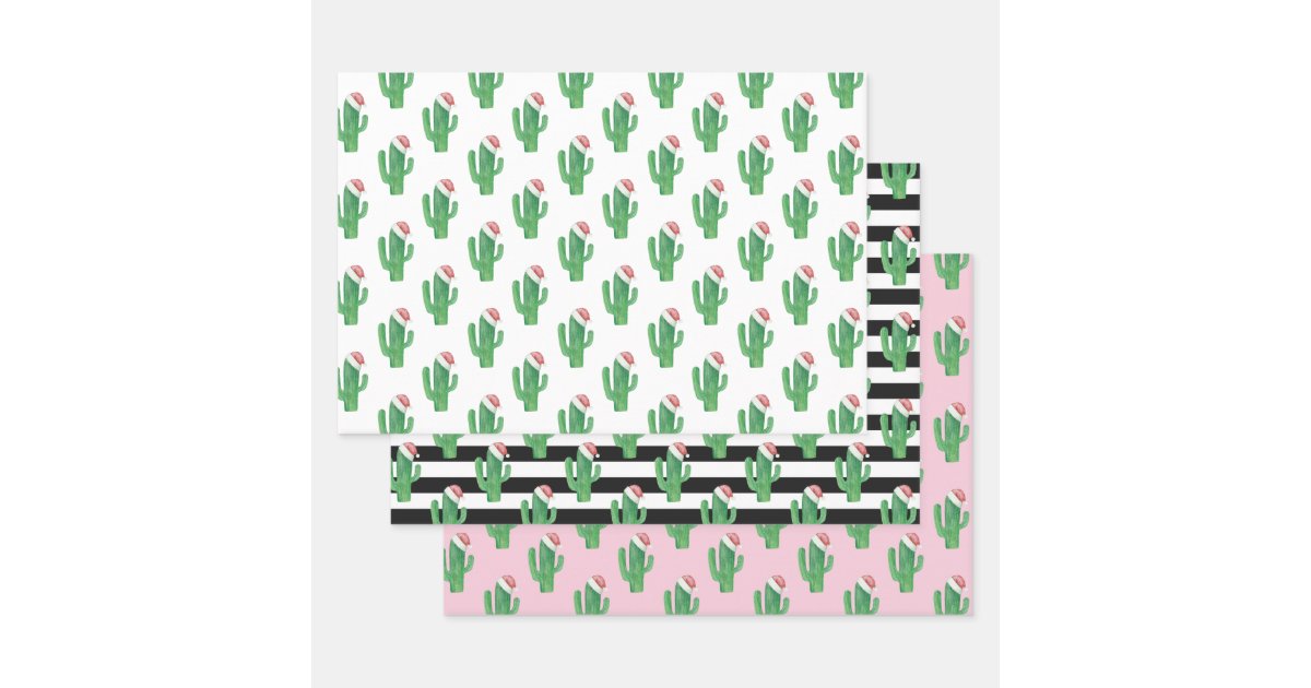 Christmas cactus pattern. Santa cacti. Green pink Wrapping Paper Sheet ...