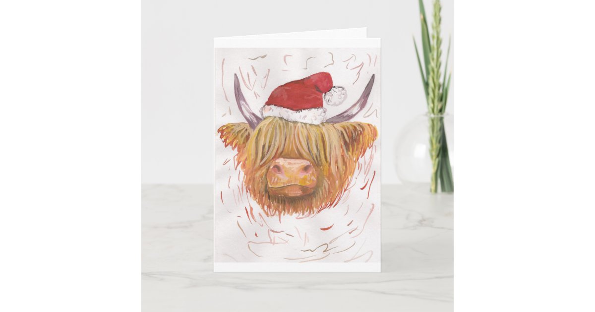 christmas coo Highland Cow with Christmas Hat Holiday Card | Zazzle