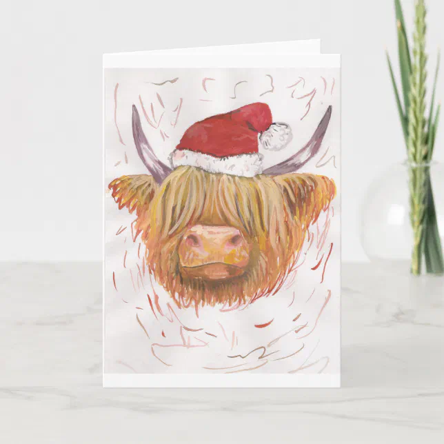 christmas coo Highland Cow with Christmas Hat Holiday Card | Zazzle