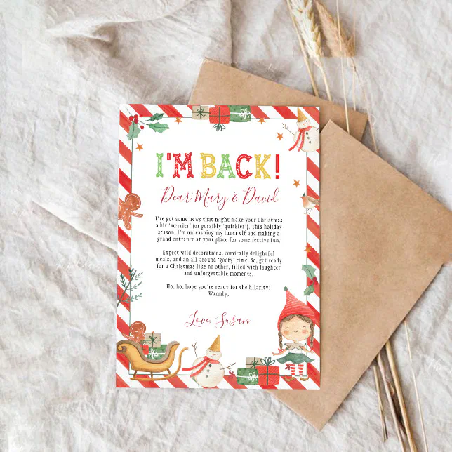 Christmas Elf I'm Back Letter Card | Zazzle