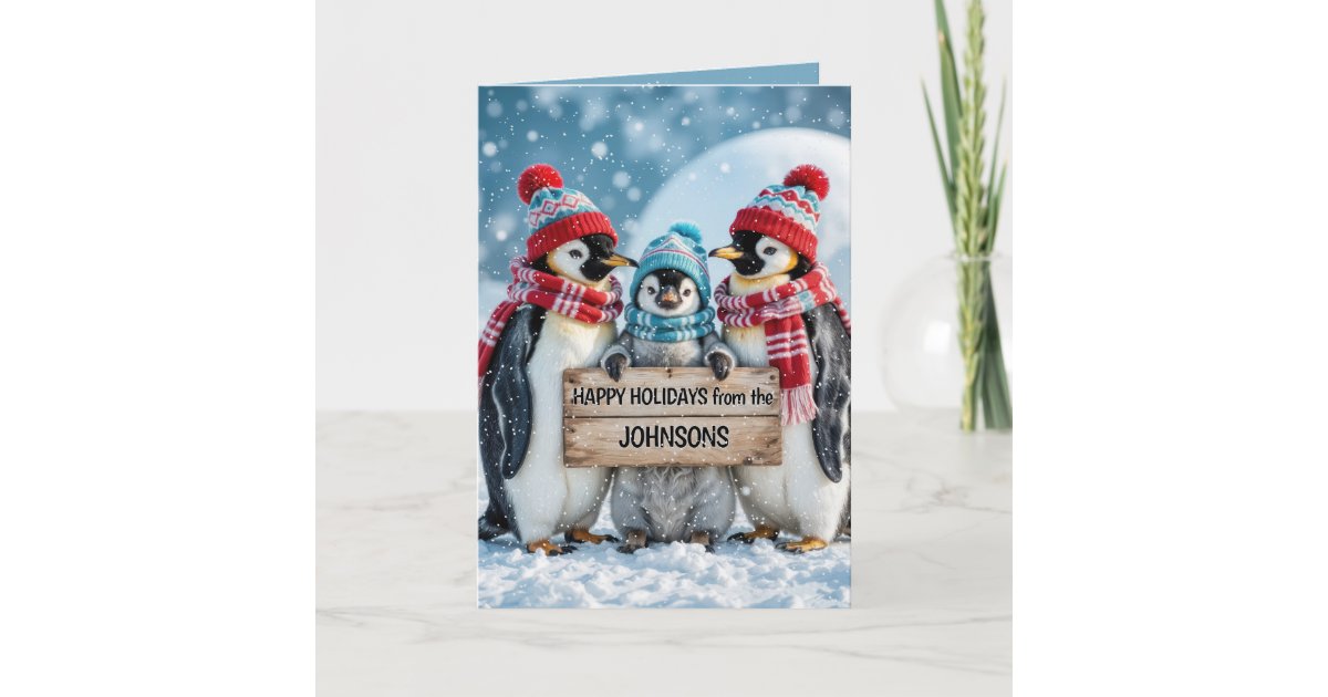 Christmas Family Penguins With a Wooden Sign Card | Zazzle