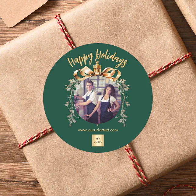 Christmas green gold bauble team photo logo classic round sticker | Zazzle