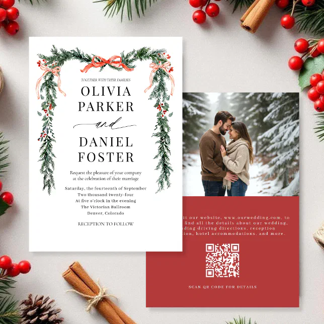 Christmas Photo QR Code Watercolor Red Bow Wedding Invitation | Zazzle