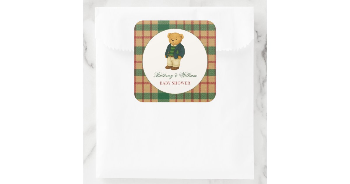 Christmas Plaid Preppy Bear Baby Shower Square Sticker | Zazzle