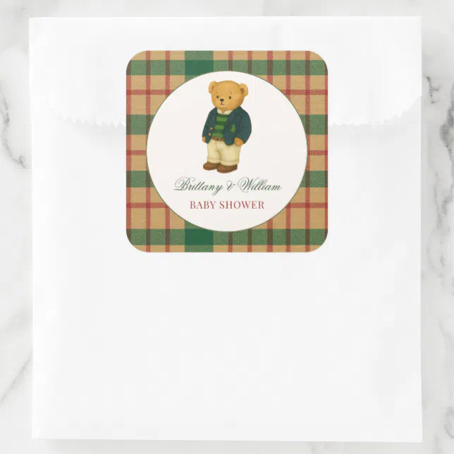 Christmas Plaid Preppy Bear Baby Shower Square Sticker | Zazzle