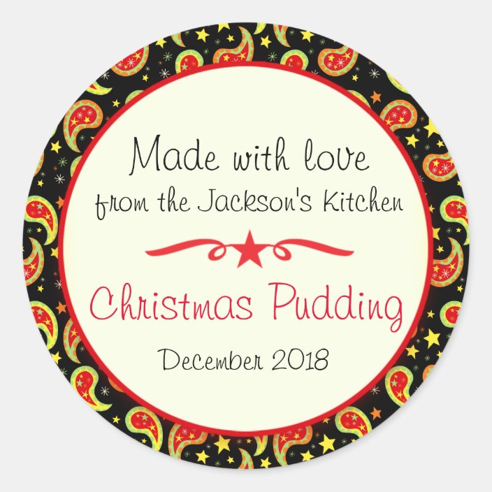 Christmas pudding paisley food label sticker | Zazzle.co.uk