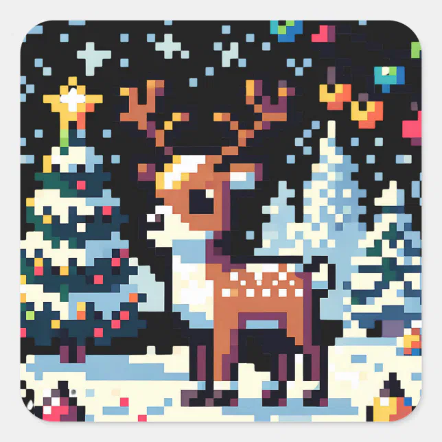 Christmas Reindeer Winter Wonderland Pixel Art Square Sticker | Zazzle