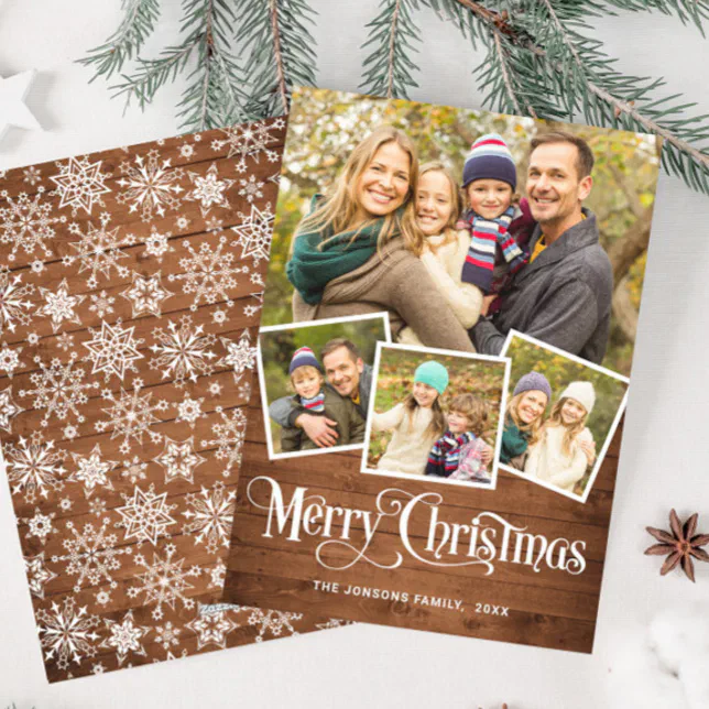 Christmas Rustic Wood 4 PHOTO Greeting Holiday Card | Zazzle