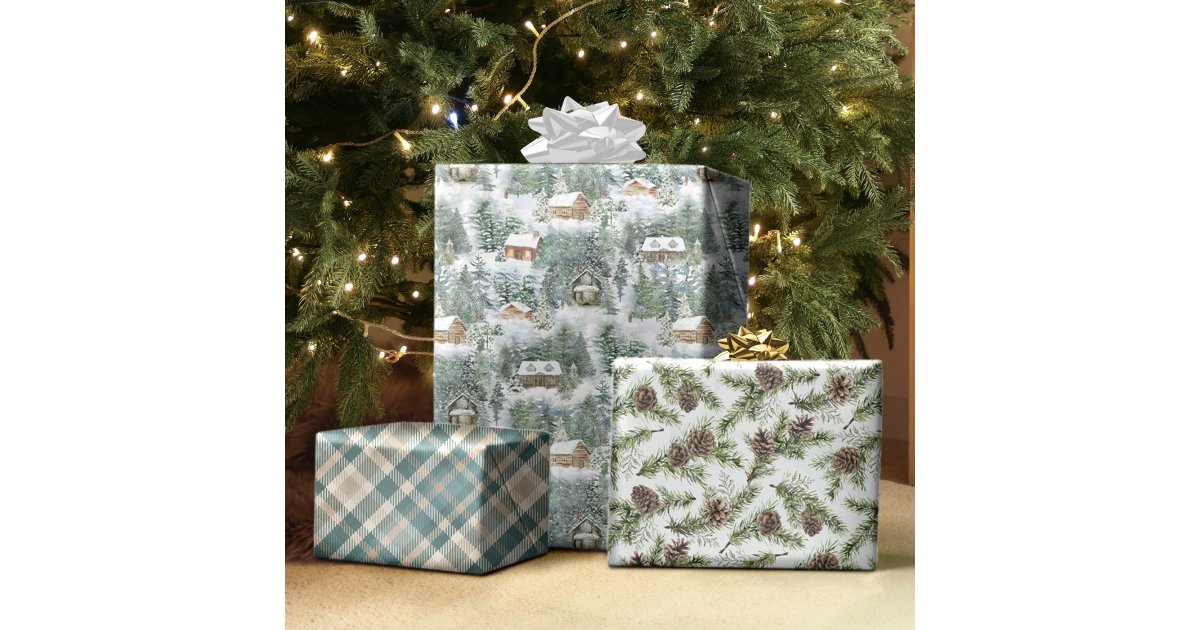 Christmas Rustic Woodland Forest Cabins Holiday Wrapping Paper Sheet ...