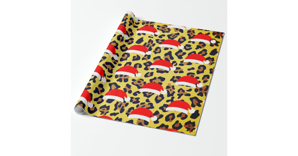 Christmas Santa Hat and Leopard Animal Print Wrapping Paper | Zazzle