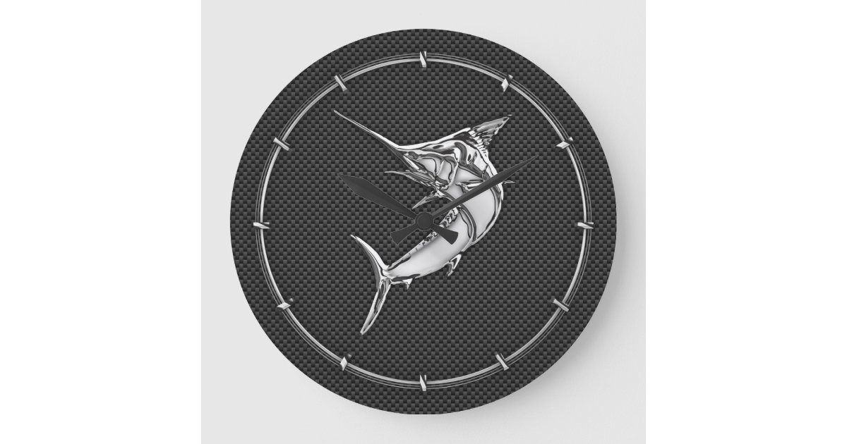 Chrome Marlin on Carbon Fibre Large Clock | Zazzle