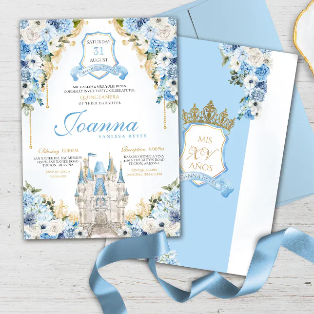 Cinderella Princess Castle Light Blue Quinceanera Invitation | Zazzle