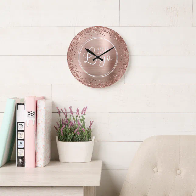 Circular Rose Gold Glitter and Foil Logo Large Clock | Zazzle