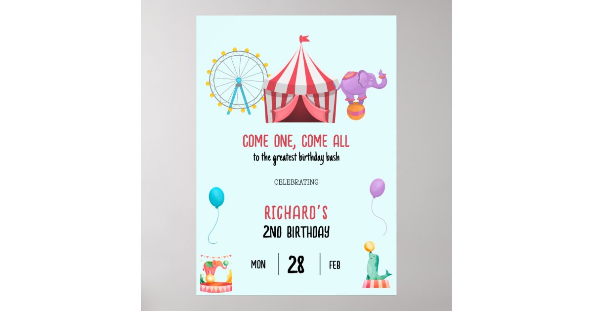 Circus Carnival Theme Kid's Birthday Party Poster | Zazzle