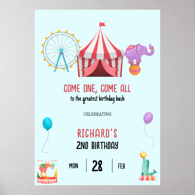 Circus Carnival Theme Kid's Birthday Party Poster | Zazzle