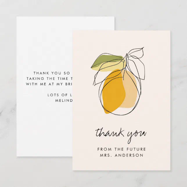 Citrus Lemon Modern Line Drawing Bridal Shower Thank You Card | Zazzle