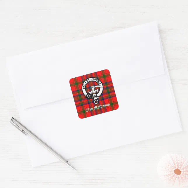 Clan Matheson Crest Badge and Tartan Square Sticker | Zazzle