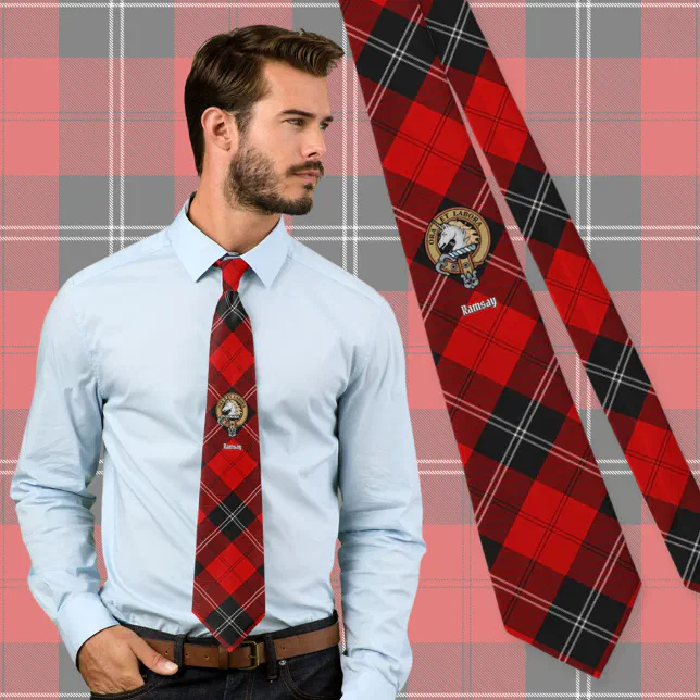 Clan Ramsay Crest over Red Tartan Tie | Zazzle