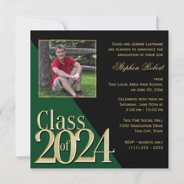 Class of 2024 Gold Grad Green with Photo Invitation | Zazzle