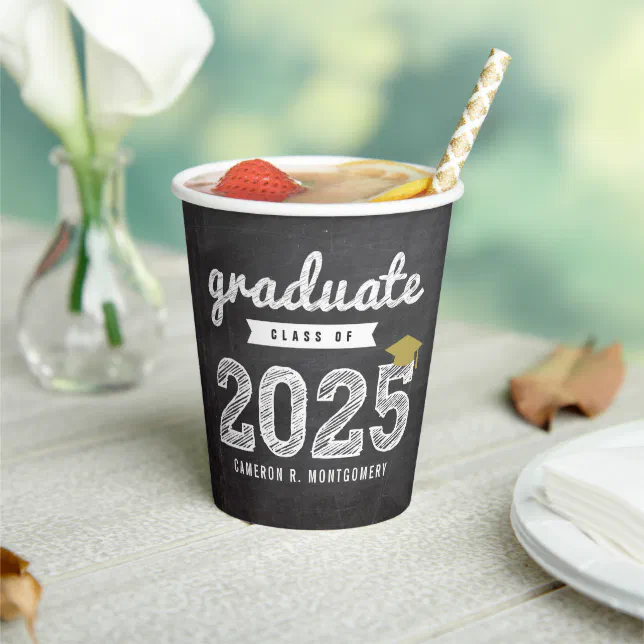 Class of 2025 Chalkboard Sketch Graduation Party Paper Cups | Zazzle