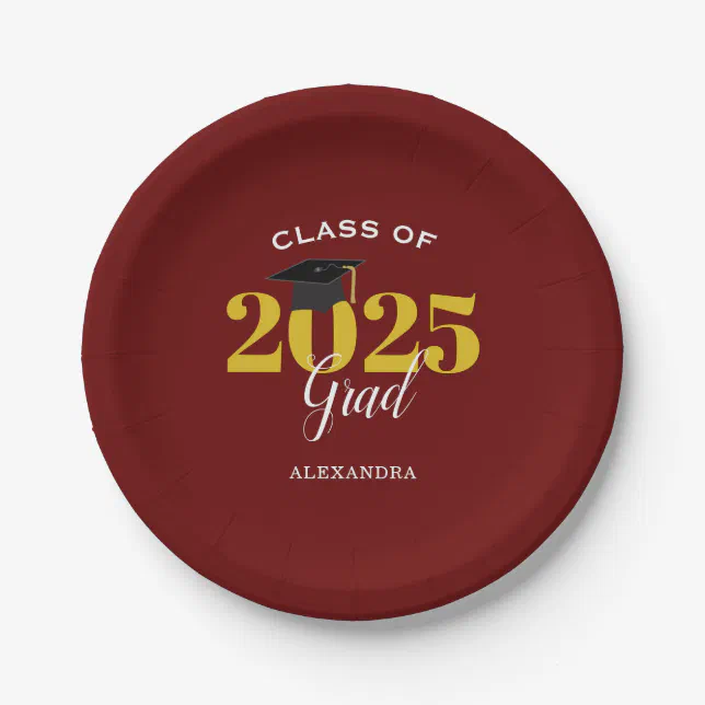 Class of 2025 Grad Simple Maroon and Gold Paper Plate | Zazzle