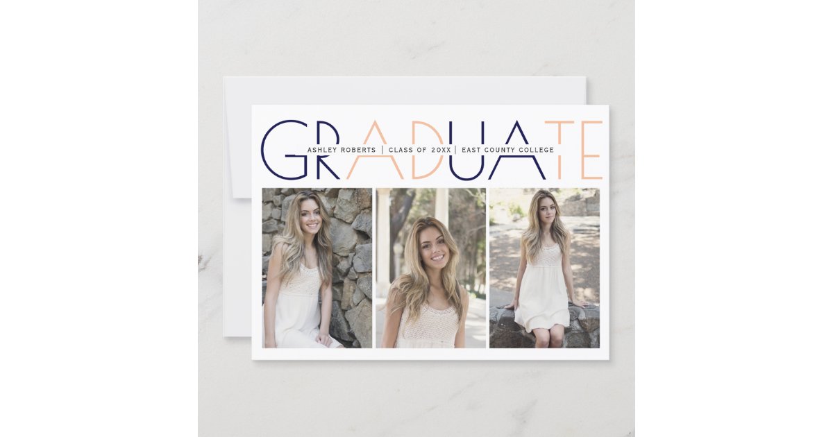 Class of 2025 navy blue, peach graduation photo in invitation | Zazzle