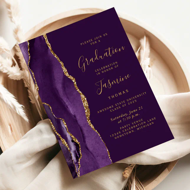 Class of 2025 Purple Gold Agate Plum Graduation Invitation | Zazzle