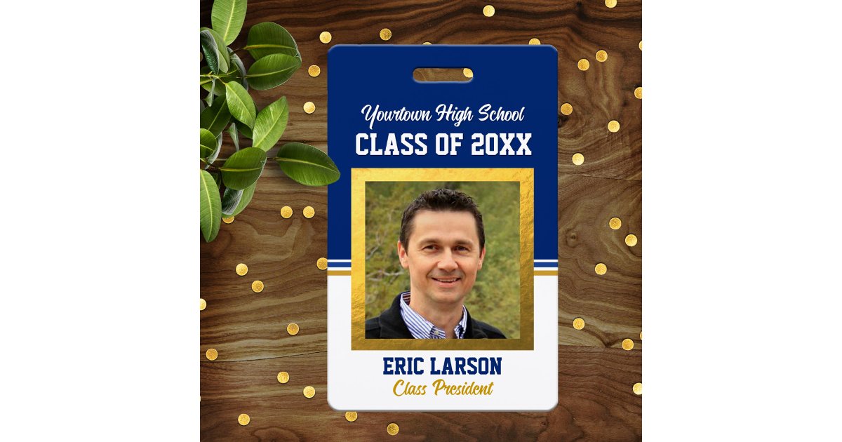 Class Reunion Blue and Gold Photo ID Badge | Zazzle