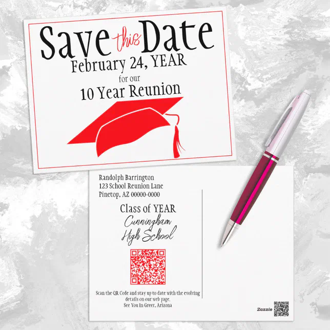 Class Reunion Save The Date Red Grad Cap QR Code Postcard | Zazzle