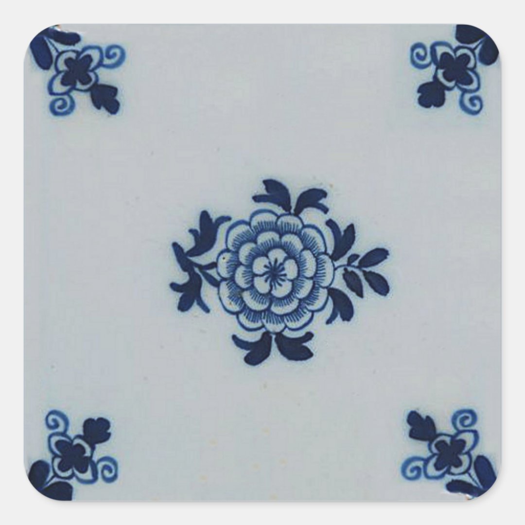 Classic Antiquarian Delft Blue Tile - Floral Motif Square Sticker | Zazzle
