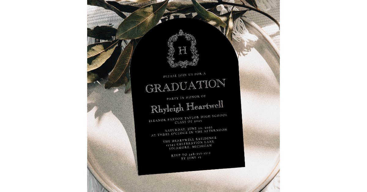 Classic Black Monogram Crest Arch Graduation Party Invitation | Zazzle