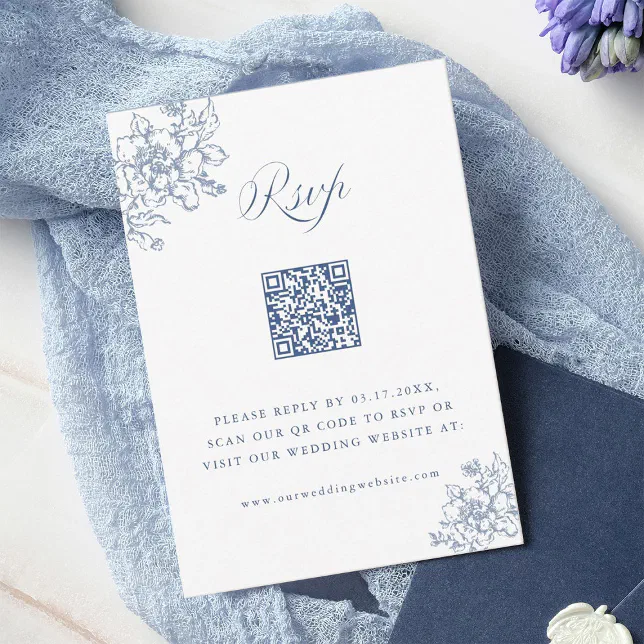 Classic Bloom Garden Dusty Blue Wedding QR Code RSVP Card | Zazzle