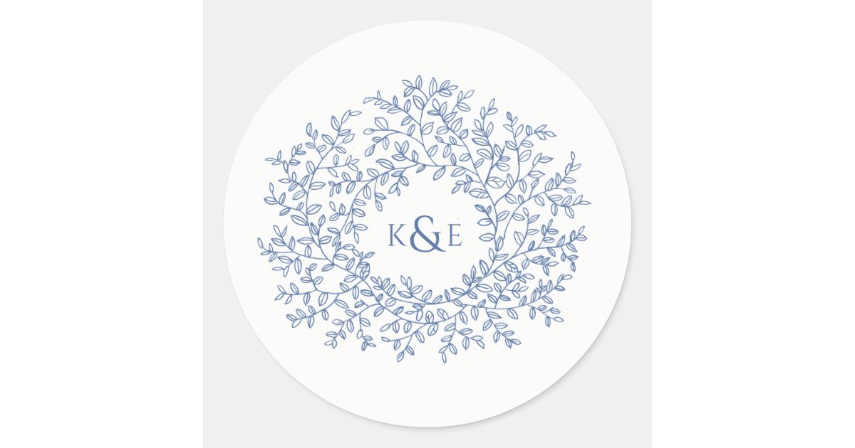 Classic blue hand drawn leaf monogram art wedding classic round sticker ...