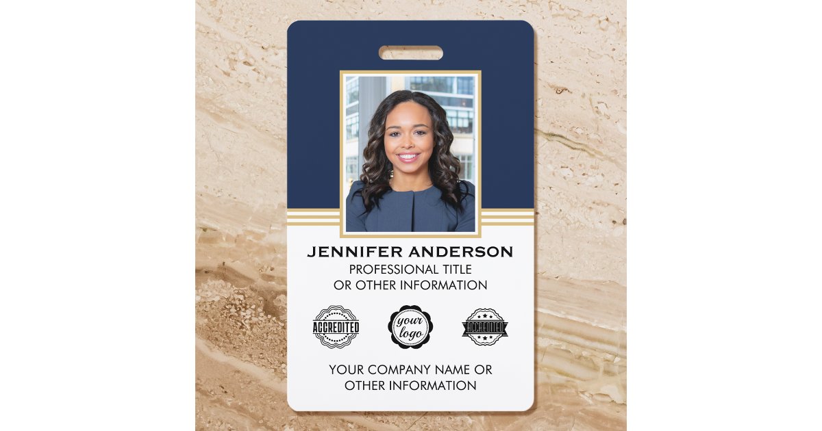 Classic Business Photo ID Blue Gold ID Badge | Zazzle