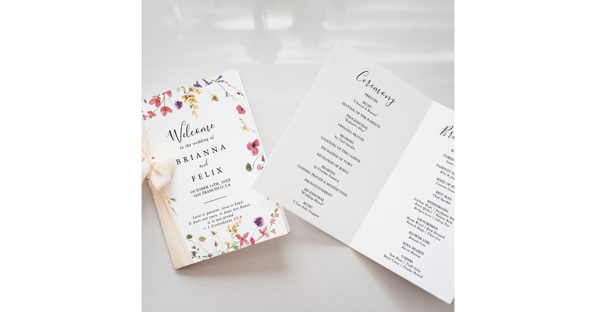 Classic Colourful Wild Floral Folded Wedding Programme | Zazzle