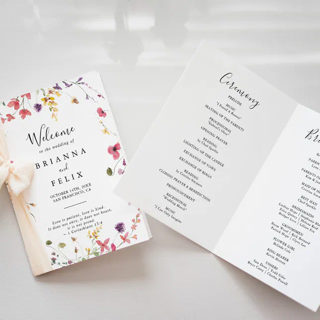 Classic Colourful Wild Floral Folded Wedding Programme | Zazzle