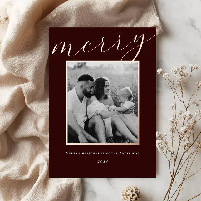 Classic Dark Burgundy and Gold Frame Family Photo Foil Holiday Card ...